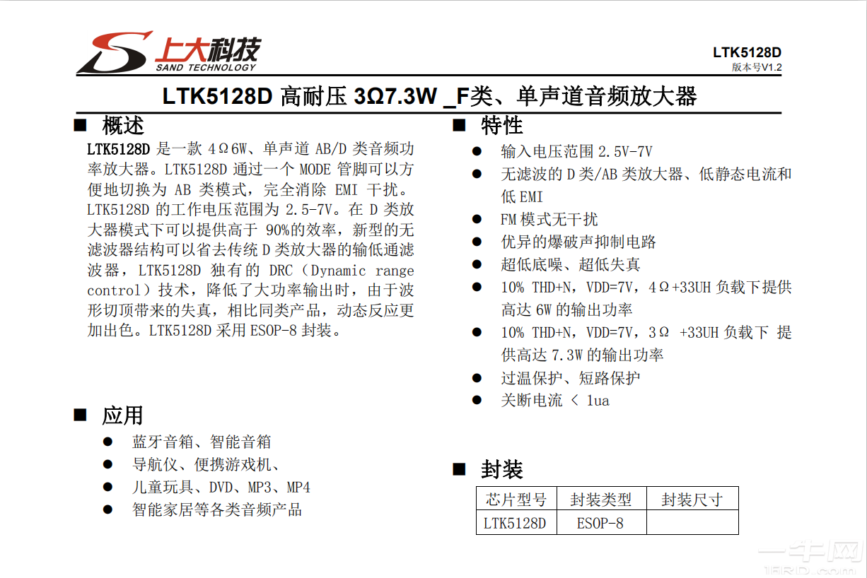 LTK5128D高耐压3Ω7.3W，AB类D类切换单声道音频放大器-一牛网论坛
