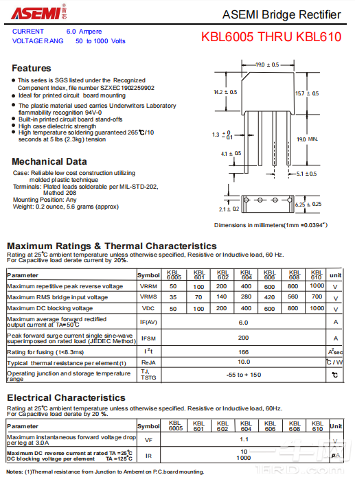 ASEMI整流桥KBL610参数，KBL610作用，KBL610图示-一牛网论坛