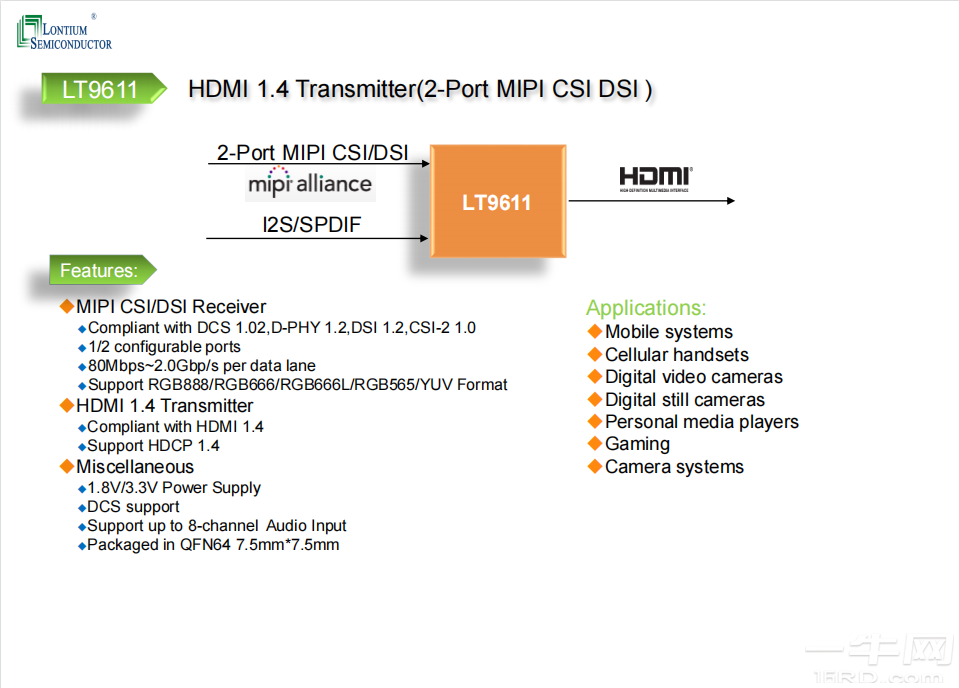 龙讯LT9611 MIPI DSI/CSI转HDMI 1.4发射机简介-一牛网论坛