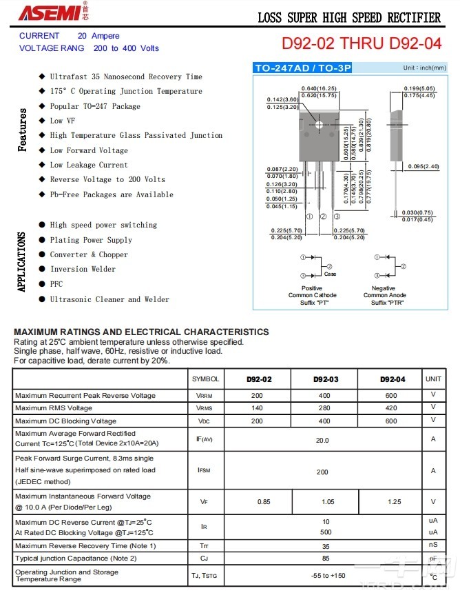 D92-02-ASEMI快恢复二极管20A 200V-一牛网论坛