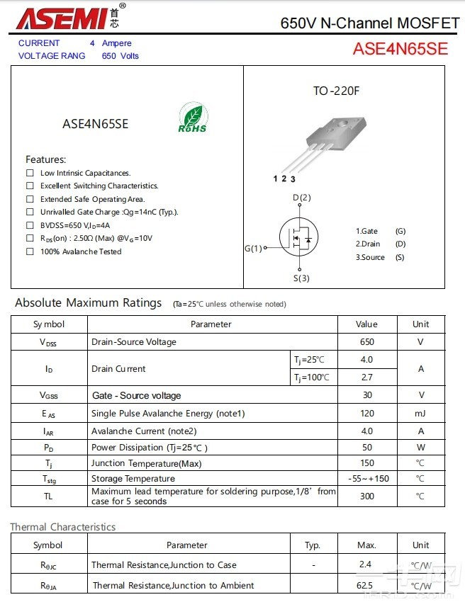 4N65-ASEMI小功率N沟道MOS管4N65-一牛网论坛
