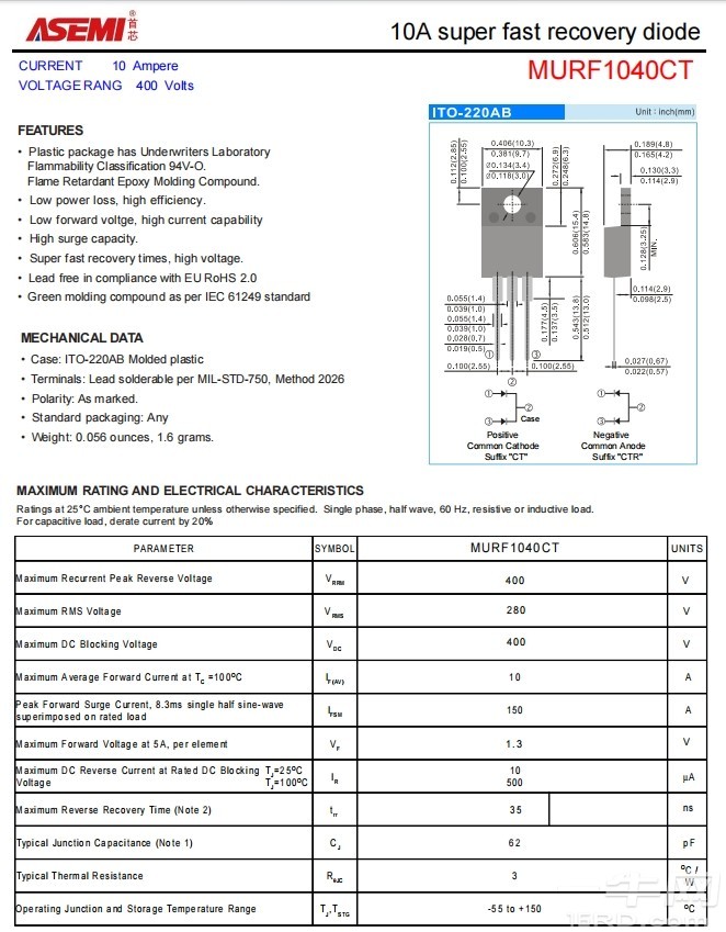 MURF1040CT-ASEMI快恢复二极管MURF1040CT-一牛网论坛