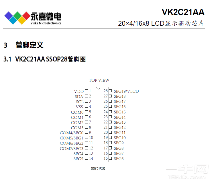 永嘉VK2C21AA SSOP28是一个点阵式储存映射LCD驱动器，可支持16×8的LCD屏-一牛网论坛