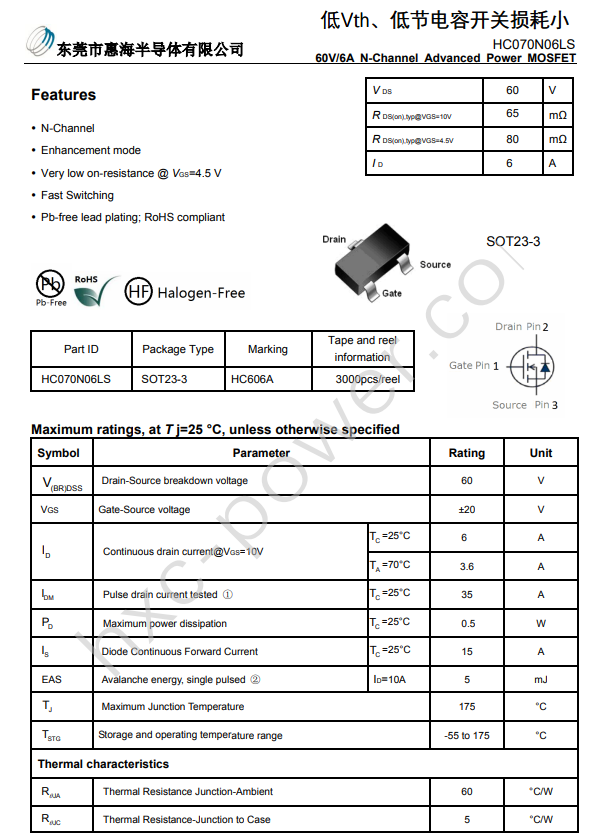 6N06户外灯珠、磁吸灯MOS管-HC070N06LS 60V6A 高性价比-丝印-606A-一牛网论坛