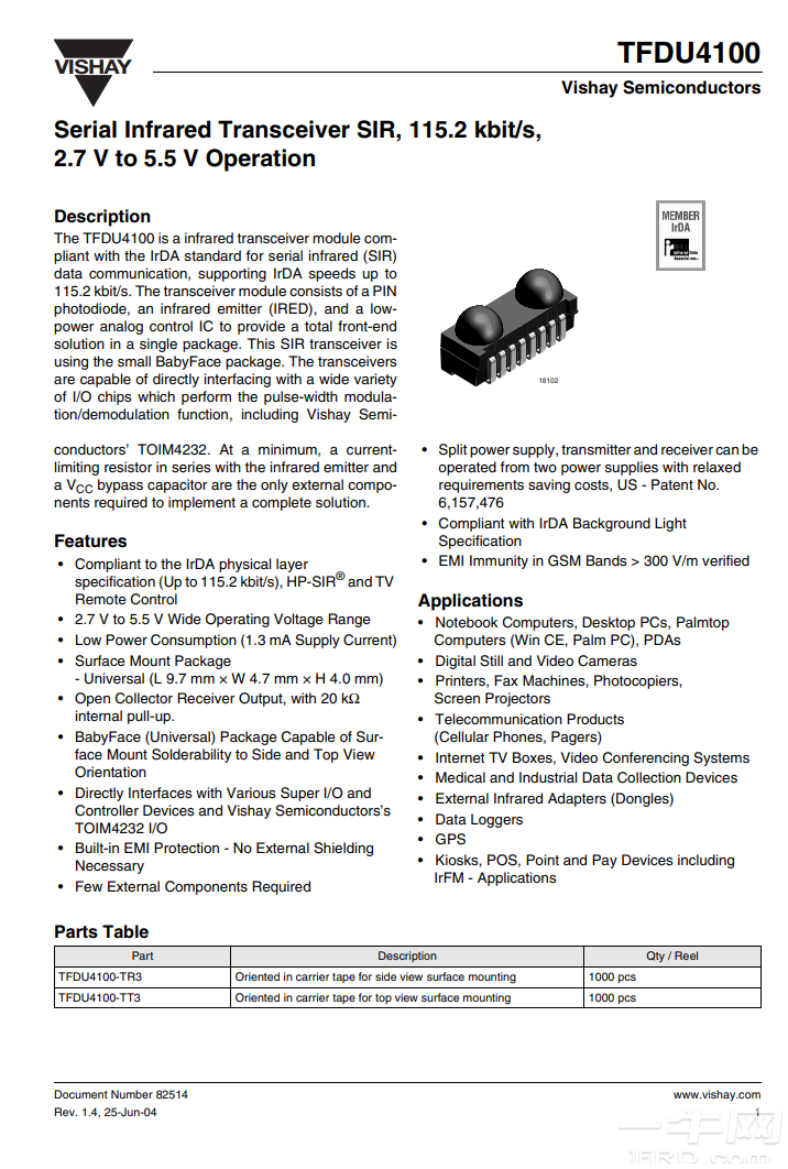 Serial Infrared Transceiver SIR , 115.2 kbit/s 2.7 V to 5.5 V Operation ...