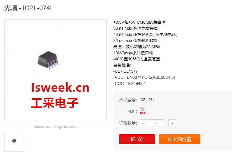 一款双通道采用SOIC-8封装的25MBd CMOS光耦合器-ICPL-074L-一牛网论坛